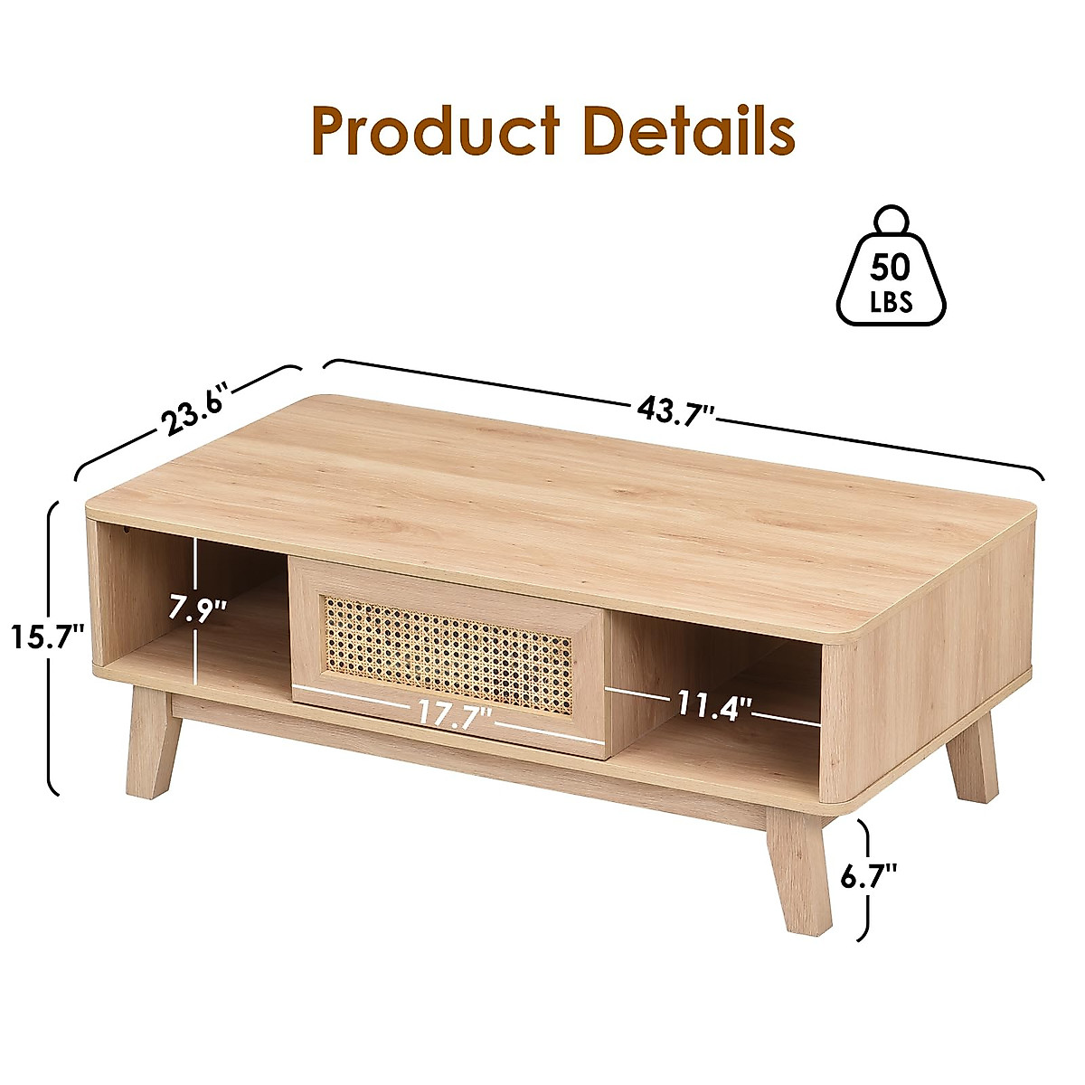 PASBAS Coffee Table, Mid Century Modern Coffee Table with Rattan Drawer, Wood Coffee Table for Living Room, Rattan Living Room Table with Storage, Woven Wooden Coffee Table Support Up to 110 LBS