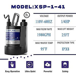 JEFLIKE 1/4HP Water Pump 1980GPH Utility Pump Sump Pump Submersible Thermoplastic Rotatable Handle for Hot Tub Basement Pond Pool Draining