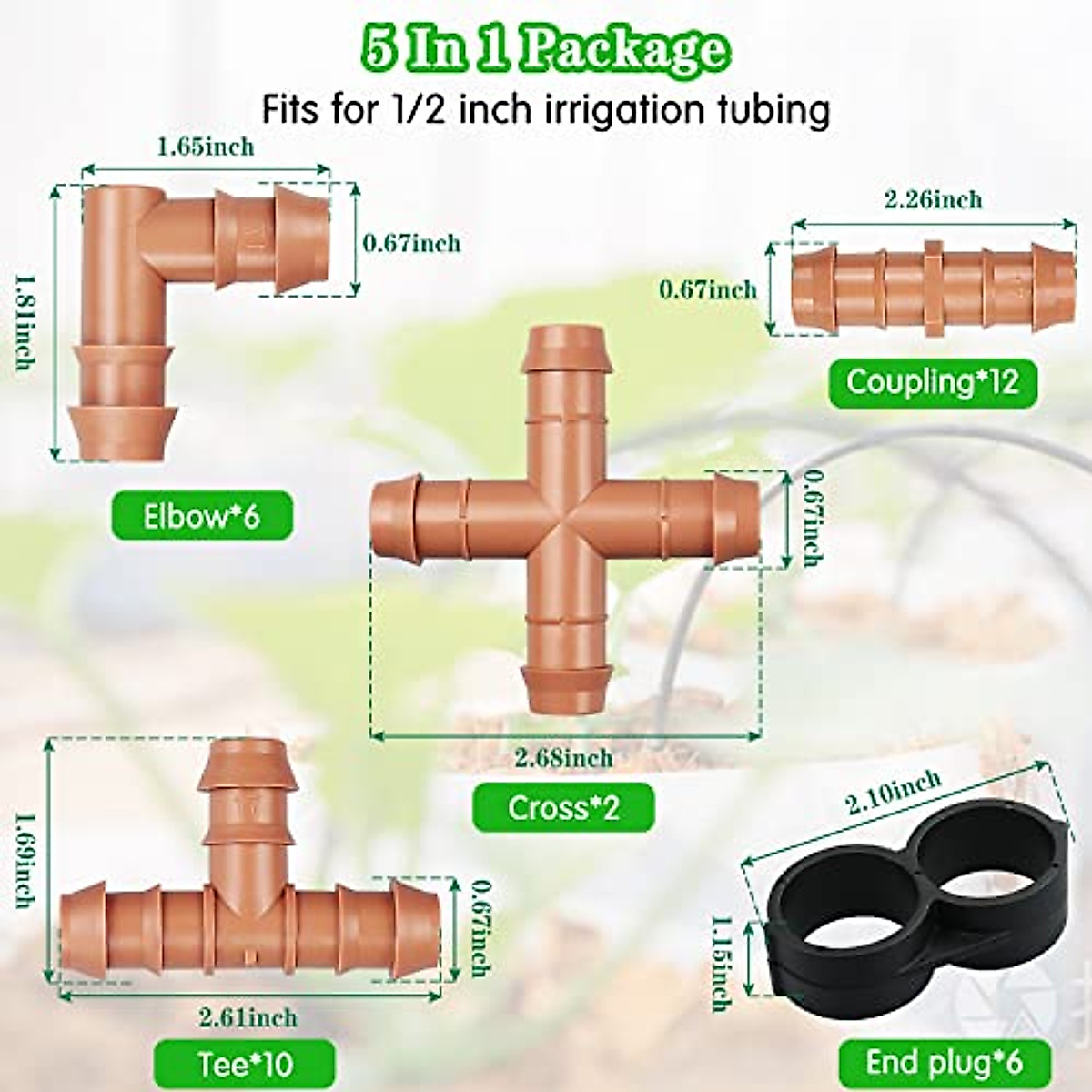 Gardrip 36 Pieces Drip Irrigation Kit：Drip Irrigation Parts for 1/2 Inch Drip Irrigation Tubing with 17mm 0.600" ID Drip Barbed Connectors Including 12 Couplings 10 Tees 6 Elbows 6 Plugs 2 Crosses