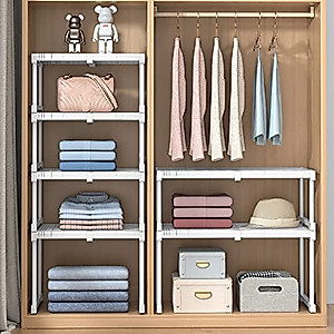 LIYIVNAA Stackable Closet Shelf Expandable Clothes Storage Rack Pantry Cabinet Organizer Wardrobe Divider Separator Stand Shoe Racks for Bathroom, Kitchen, Bedroom, Entryway - White