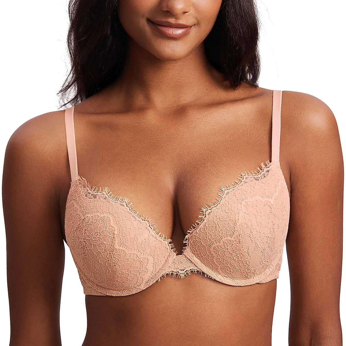 DOBREVA Women's Push Up Bra Eyelash Lace Sexy Cleavage Underwire Support Plunge Bras Blush Beige 32B