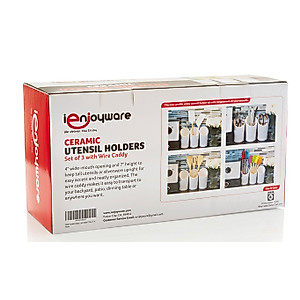 iEnjoyware Kitchen Tool Crock (4 Pieces) - 3 Ceramic Utensil Holders (4" Dia x 7" H each) & 1 Metal Caddy - White & Embossed Design