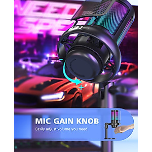 NJSJ USB Microphone for PC, Gaming Mic for PS4/ PS5/ Mac/Phone,Condenser Microphone with Touch Mute, RGB Lighting,Gain knob & Monitoring Jack for Streaming,Podcasting (with Desktop Stand, Black)