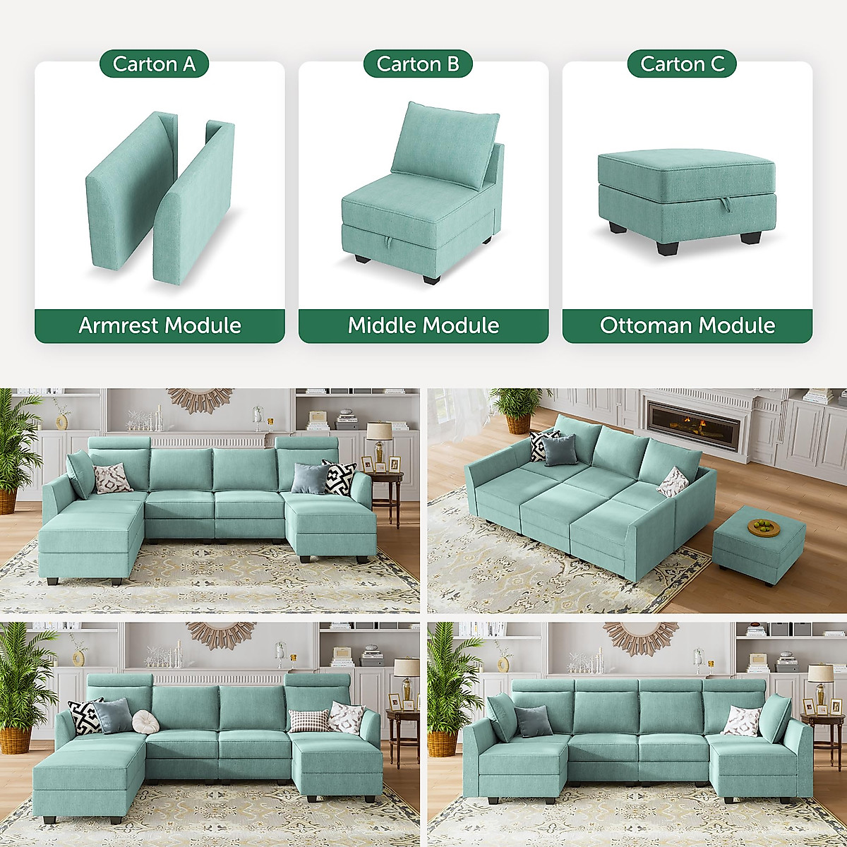 HONBAY Oversized Modular Sectional Sofa with Storage Reversible Sectional Couch Modular Sofa with Chaise U Shaped Sectional Set with Ottoman for Living Room, Aqua Blue