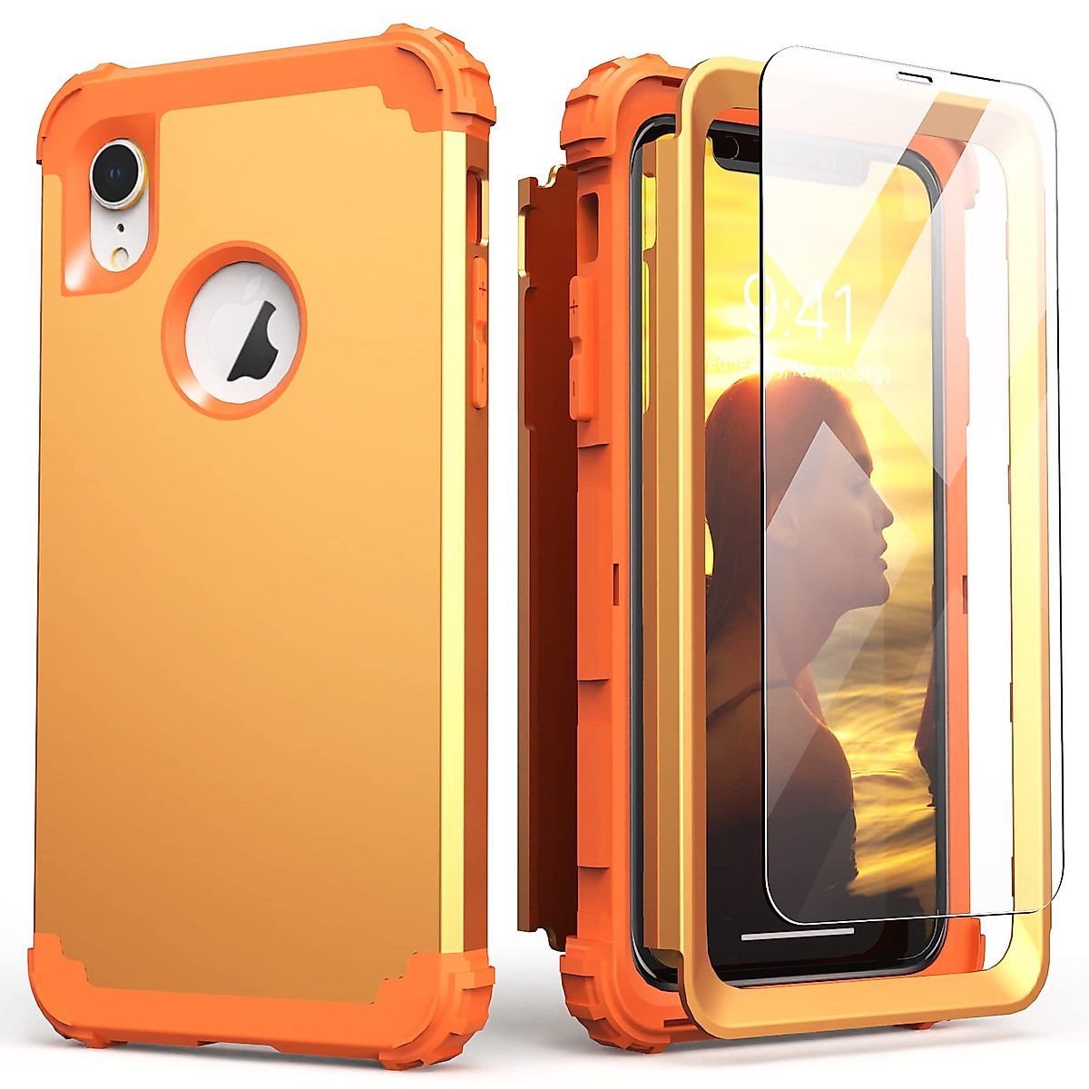 IDweel for iPhone XR Case, Case for iPhone XR Case with Screen Protector,3 in 1 Shockproof Slim Fit Hybrid Heavy Duty Hard PC Cover Soft Silicone Bumper Full Body Case,Sundial Yellow/Orange