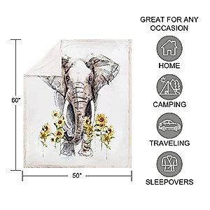 Elephant Blanket Sherpa Fleece Throw Blanket, Sunflower Elephant Gifts for Women Adults, Super Soft Elephant Blankets for Women, Warm Cozy Plush Bed Throws Blanket for Couch Sofa 50" x60