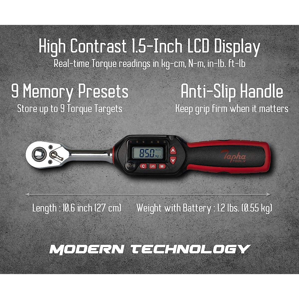 Tapha Tools 3/8 inch Digital Torque Wrench 3.1-62.7 ft-lbs (4.2-85 N-m) Torque Range, Accurate to ±2% Dual Direction, LED and Buzzer Notification, Preset Memory, ISO 6789, Calibrated (WP3N-T085BN)