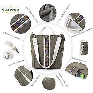 Worldlyda Women Canvas Tote Purse Large Retro Shoulder Bag Casual Crossbody Hobo Top Handle Handbags with Embroidery Ethnic(Oliver Green)