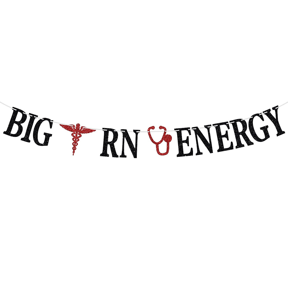 Big RN Energy Banner, Congrats Nurse Bunting Sign, Class of 2024 Nursing School Survivor Graduation Party Decoration Supplies, Black and Red Glitter