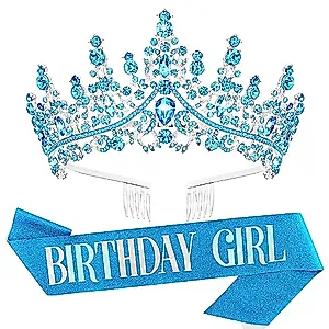 Velscrun Blue Crystal Birthday Tiara Crowns for Women Girls Elegant Princess Crown with Combs Birthday Girl Headband Sash Happy Birthday Party Decorations Birthday Gift Cake Topper Hair Accessories