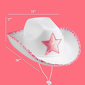 White Cowgirl Hat - (pack Of 2) Adult Size Pink Star Cowboy Hats For Women With Sequin Trim Fringe, Adjustable Neck Drawstring, White Cowboy Hat For Costume Party, Play Dress-up Fits Most Women