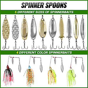 PLUSINNO Fishing Lures Baits Tackle, BEST BASS Fishing Lures Including Crankbaits, Spinnerbaits, Plastic worms, Jigs, Topwater Lures , Tackle Box and More Fishing Gear Lures Kit Set