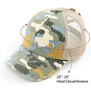 C.C Exclusives Washed Distressed Cotton Denim Criss-Cross Ponytail Hat Baseball Cap Bundle Hair Tie (BT-783) (A Elastic Band-Beige/Camo)