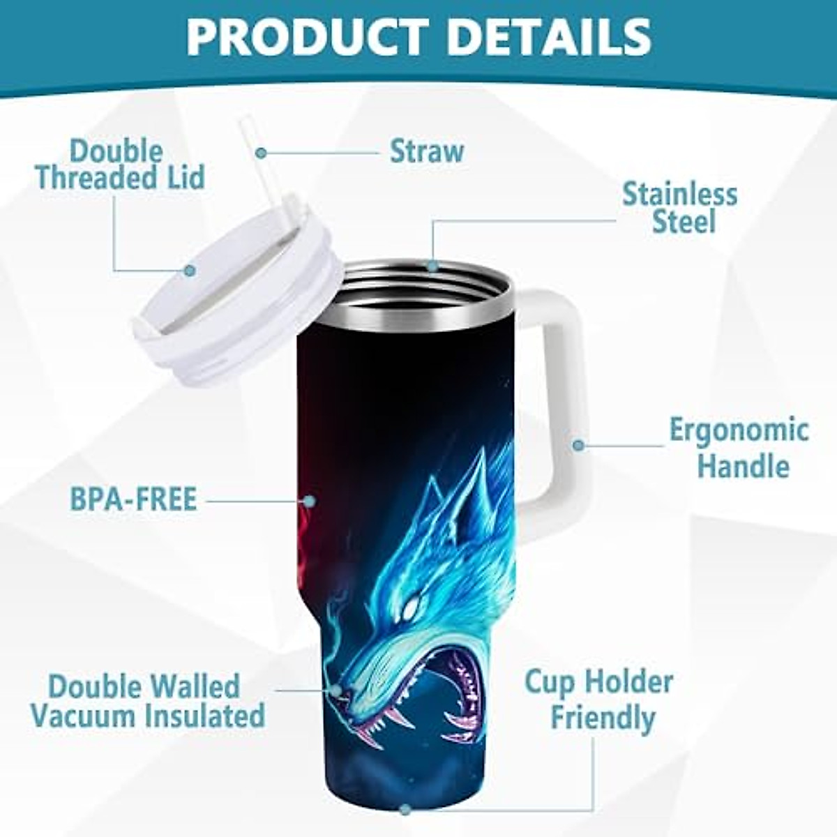 ODAWA 40 Oz Travel Insulated Tumblers with Straw and Handle, Wolf Red Blue Double Wall Insulated Tumbler