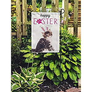 Happy Easter Garden Flags ,Cat with Rabbit Ear 12x18inch Burlap Double Sided for Outside Decoration