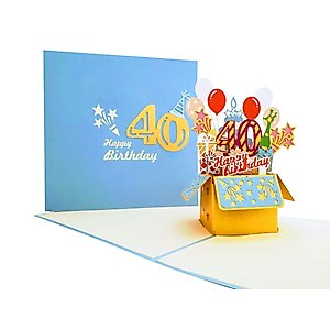 iGifts And Cards Happy 40th Blue Birthday Party Box 3D Pop Up Greeting Card – Forty, Awesome, Balloons, Presents, Unique, Celebration, Feliz Cumpleaños, Congrats, Fun