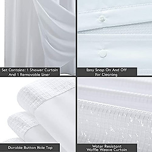 Waffle Weave Shower Curtain With Liner Sets - Modern Shower Curtain for Bathroom With Mesh Top Window - Premium Quality Fabric Snap Shower Curtain