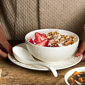 Artena Ceramic Cereal Bowls 22 oz, Embossment Soup Bowls Set of 6 & 10 Ounce Pasta Bowls Set of 4, Elegant White Soup Bowls, Wide Rim Salad Bowl, Premium Porcelain Pasta Plate Bowl, Shallow Soup Plate