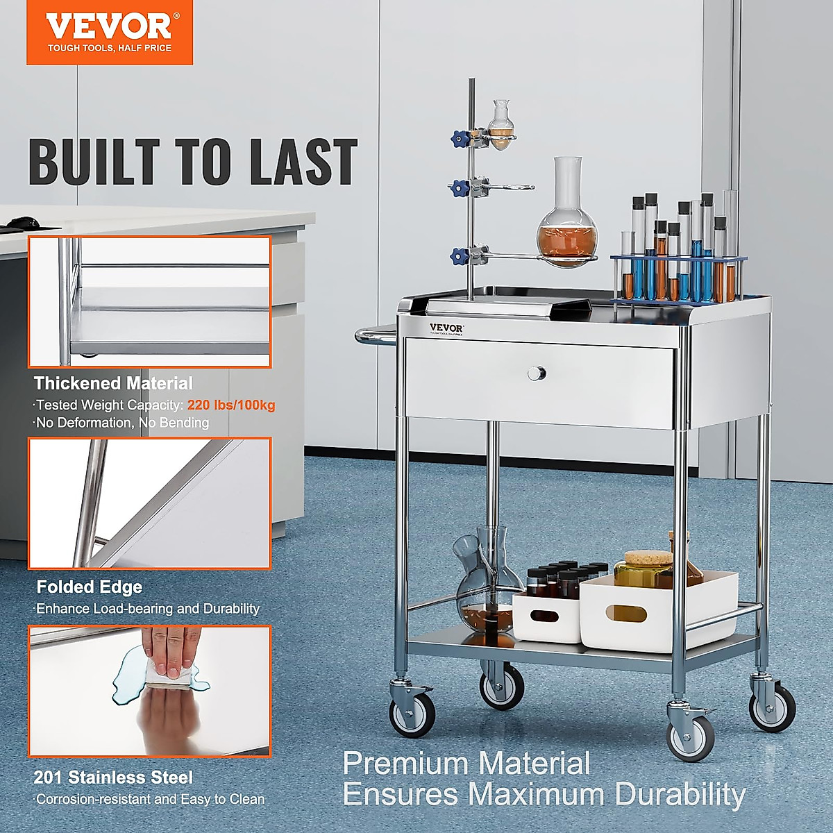 VEVOR Shelf Stainless Steel Utility Cart Catering Cart with Wheels Medical Dental Lab Cart Rolling Cart Commercial Wheel Dolly Restaurant Dinging Utility Services (2 Shelves/ 1 Drawer)