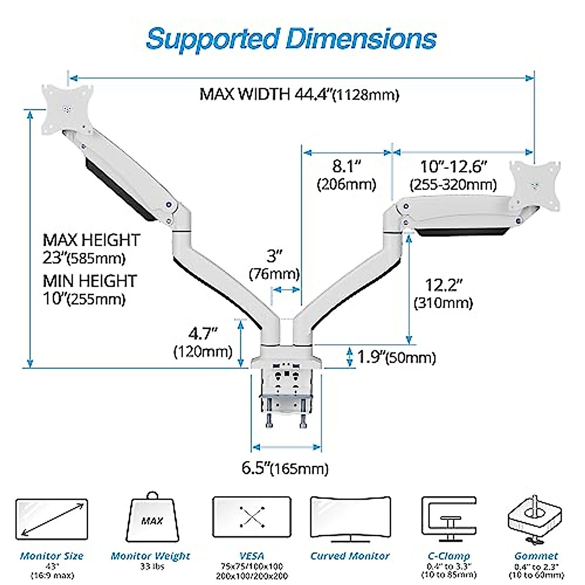 AVLT Dual 13"-43" Monitor Arm Desk Mount fits Two Flat/Curved Monitor Full Motion Height Swivel Tilt Rotation Adjustable Monitor Arm - White/VESA/C-Clamp/Grommet/Cable Management