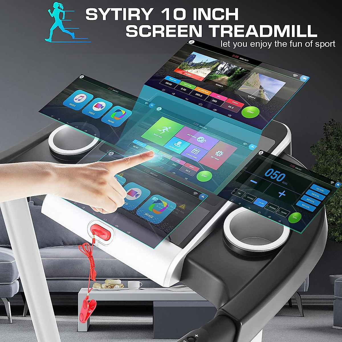 sytiry Treadmill with Large 10'' HD TV Touchscreen,Folding 3.25HP Brushless Motorand Incline Treadmills,WiFi Connection,3D Virtual Sports Scene,YouTube,Bluetooth Speakers etc,Treadmill for Gym