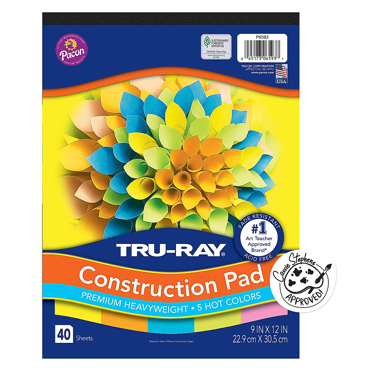 Tru-Ray® Heavyweight Construction Paper Pad, 5 Assorted Hot Colors, 9" x 12", 40 Sheets