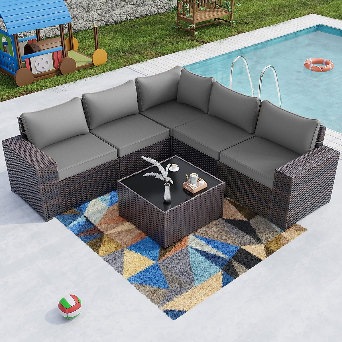 Kullavik Outdoor Patio Furniture Set 6 Pieces Sectional Rattan Sofa Set Brown PE Rattan Wicker Patio Conversation Set with 5 Grey Seat Cushions and 1 Tempered Glass Table