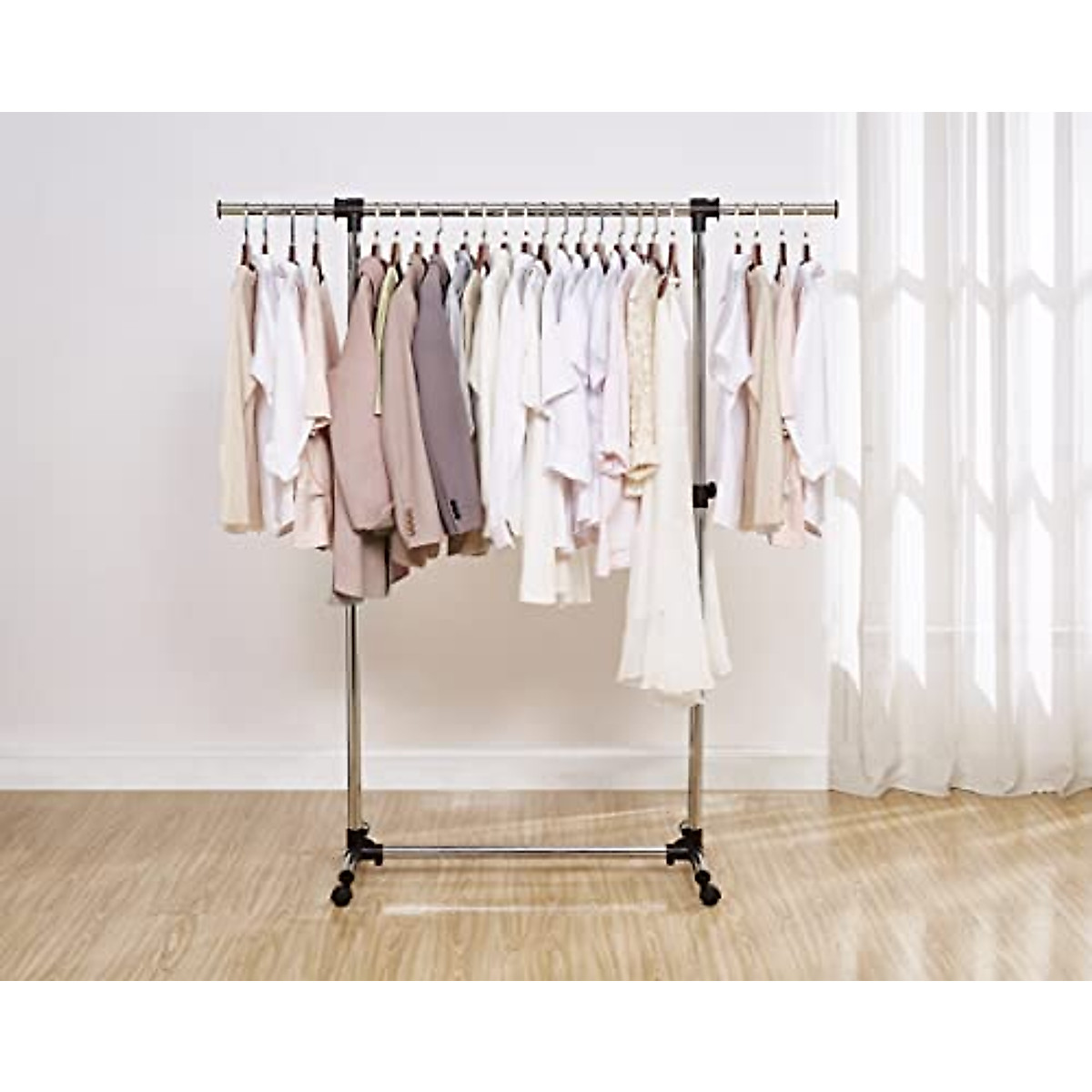 LiaMeE Freestanding Rolling Adjustable Clothes Rack for Wardrobe with Single Bar, Laundry Room Organization Shelves, Vertical Hanging Rack for Commercial Displaying, L44.9 x W20.1 x H63 in