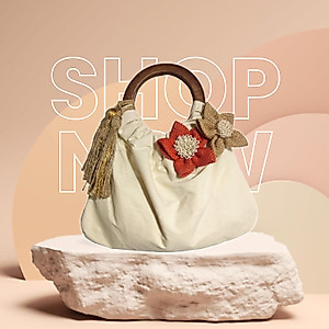 athizay top handle handbags Handcrafted Bow Jute Flower wooden handles potli bags for women artisan hand carry bags (Off white, Orange, Brown)