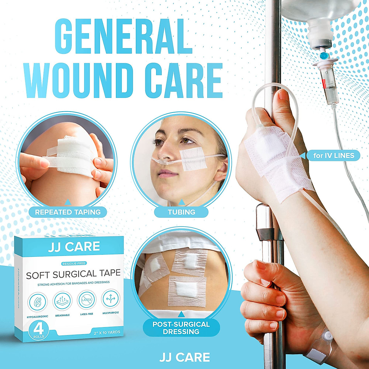 JJ CARE Soft Surgical Tape [Pack of 4], 2” x 10 Yards Soft Cloth Tape, Latex-Free Cloth Medical Tape for First Aid, Breathable Cloth Surgical Tape, Hypoallergenic Adhesive