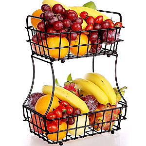 TomCare 2-Tier Fruit Basket Metal Fruit Bowl Bread Baskets Detachable Fruit Holder kitchen Storage Baskets Stand - Screws Free Design for Fruits Breads Vegetables Snacks, Bronze