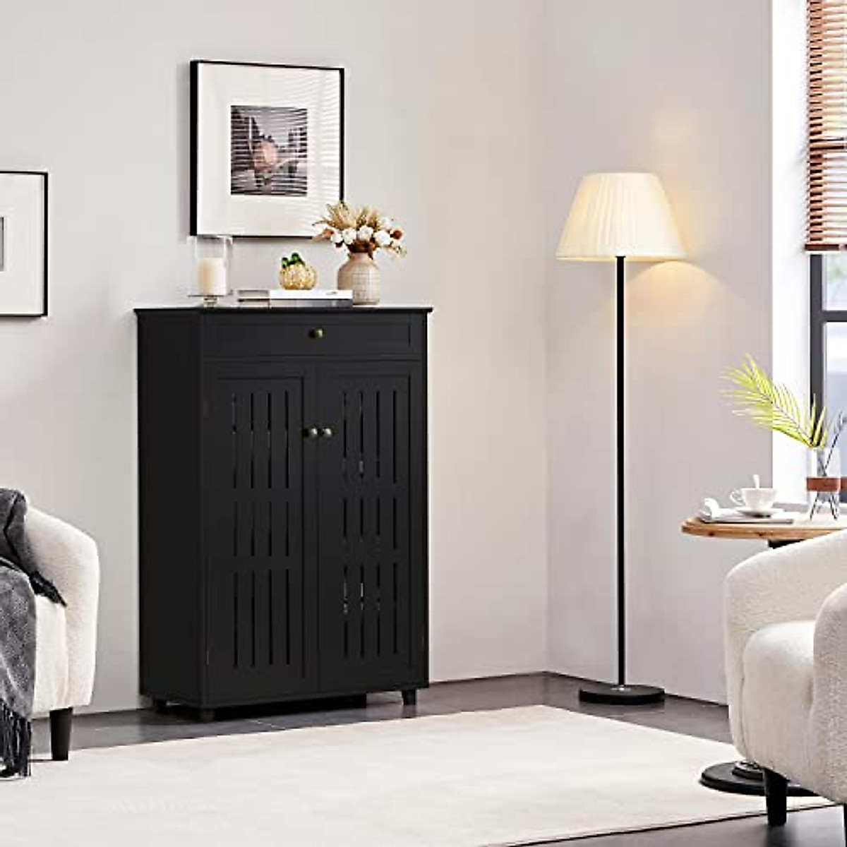 Yaheetech Shoe Cabinet Freestanding Shoe Rack with Adjustable Shelf 1 Drawer Floor Shoe Storage Organizer for Entryway Living Room, Balcony,Black