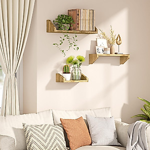 SRIWATANA Floating Shelves Wall Mounted Set of 3, Solid Wood Wall Shelf Display Ledge Storage Shelves for Living Room Kitchen Bathroom, Carbonized Black