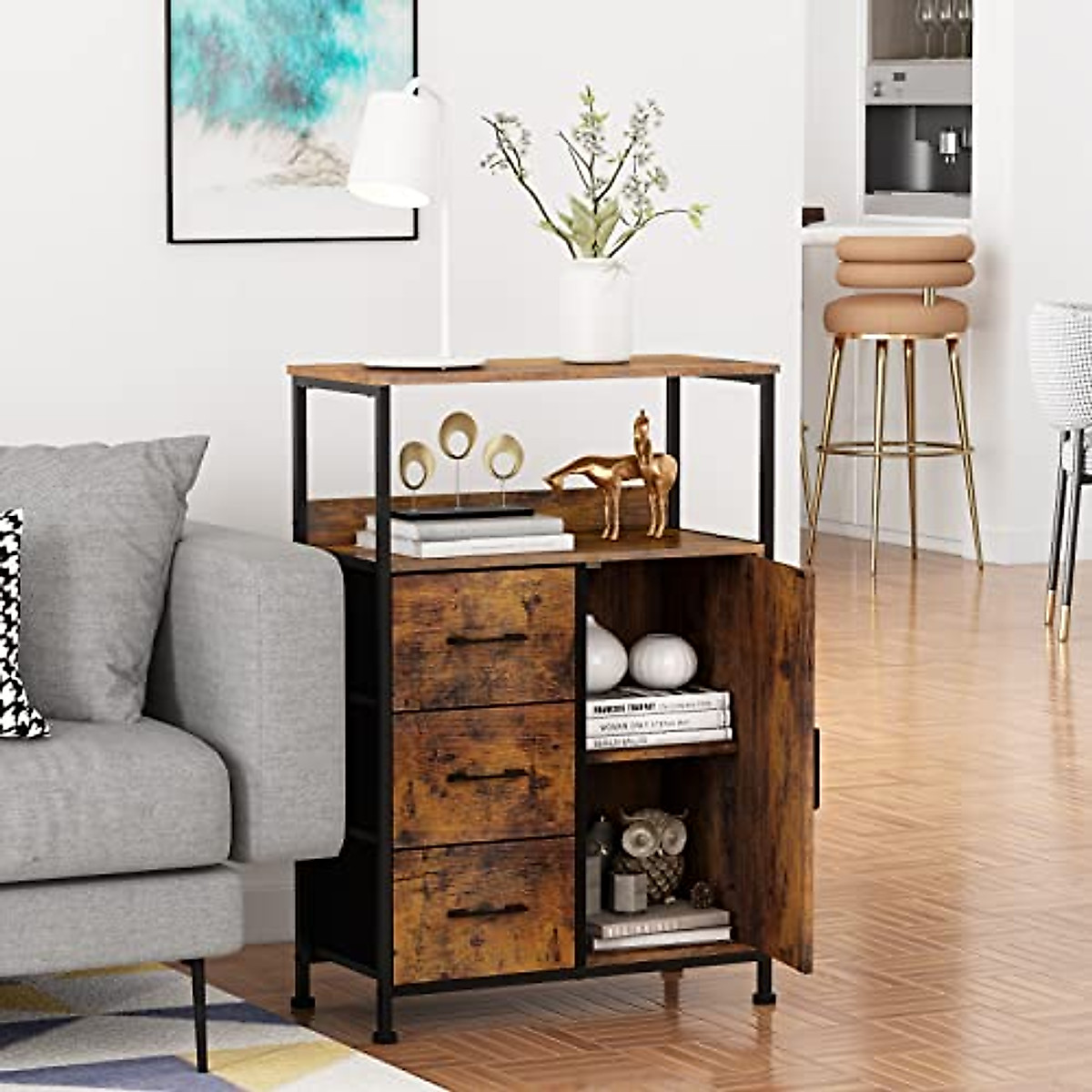 Furnulem Industrial Storage Cabinet with 3 Drawers and Door,2 Tiers Shelves Wood Floor Cabinet with Sturdy Frame for Bathroom,Entryway,Office,Kitchen