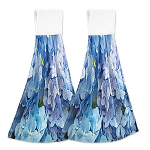 xigua Blue Hydrangea Kitchen Towels Set of 2, Hanging Hand Towels with Loop Soft Absorbent Durable for Bathroom Kitchen Decor