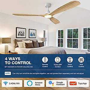 60 Inch Smart Ceiling Fan with Lights, Wood Blades Ceiling Fan with Remote, Alexa, App Controls, Quiet DC Motor 6 Speed, Timing, High CFM, Dimmable LED Light for Home Office, White + Natural Wood