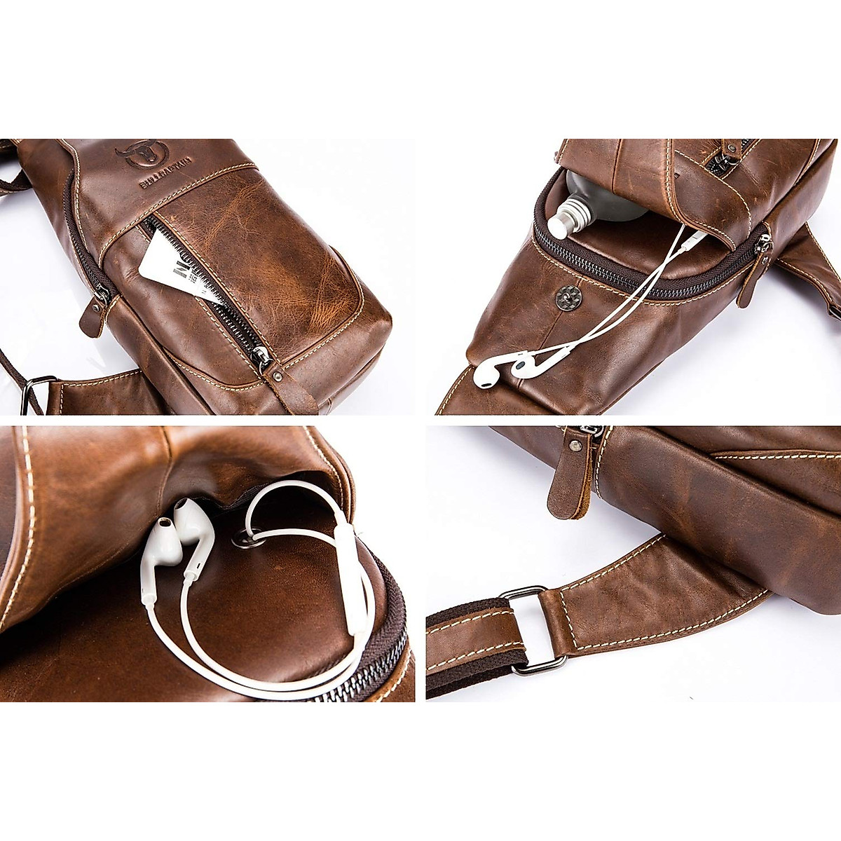 BULLCAPTAIN Genuine Leather Men Bags Shoulder Sling Crossbody Bag Casual Mens Chest Bag Travel Hiking Backpack(Brown)
