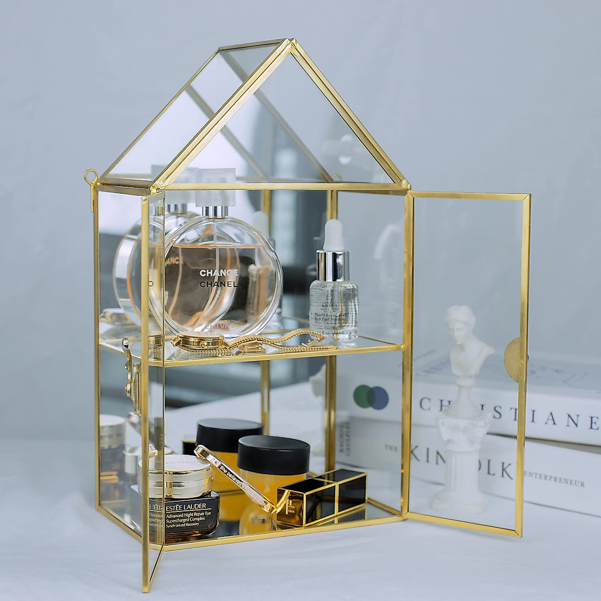 Wall Glass Cabinet Display for Perfume, Small Glass Display Curio Cabinets with Doors Wall Mounted, 2 Tiered Small Gold Curio Cabinet with Mirror Cosmetics Perfumes Storage for Bathroom