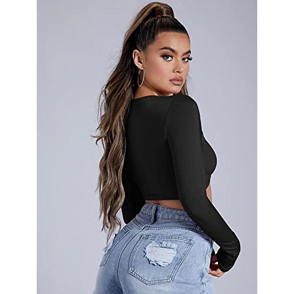 SheIn Women's Long Sleeve Crop Top Notch Neck Solid Twist Front Tee Shirt Black S