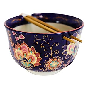 Ebros Midnight Purple Mandala Purple Floral Blossoms Ramen Udon Noodles Large 6.25"D Soup Bowl With Bamboo Chopsticks And Built In Rest Set for Asian Dining Rice Meal Bowls Decor Kitchen