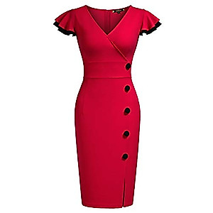 Miusol Women's Navy Style Deep-V Neck Vintage Evening Pencil Dress(X-Large,Red)