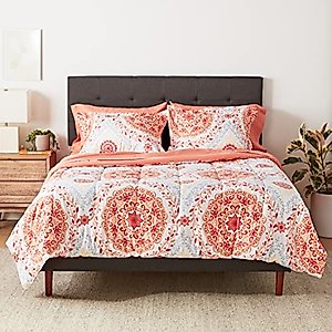 Amazon Basics Lightweight Microfiber 7 Piece Bed-in-a-Bag Comforter Bedding Set, Full/Queen, Coral Medallion