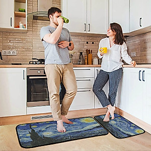 ALAZA Van Gogh Starry Sky Oil Painting 2 Piece Kitchen Rug Floor Mat Set Runner Rugs Non-Slip for Kitchen Laundry Office 20" x 28" + 20" x 48"