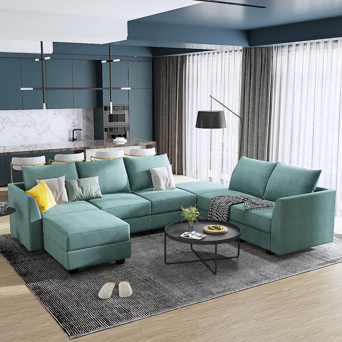HONBAY Orage U Shape Corner Sectional Sofa Set, Aqua Blue