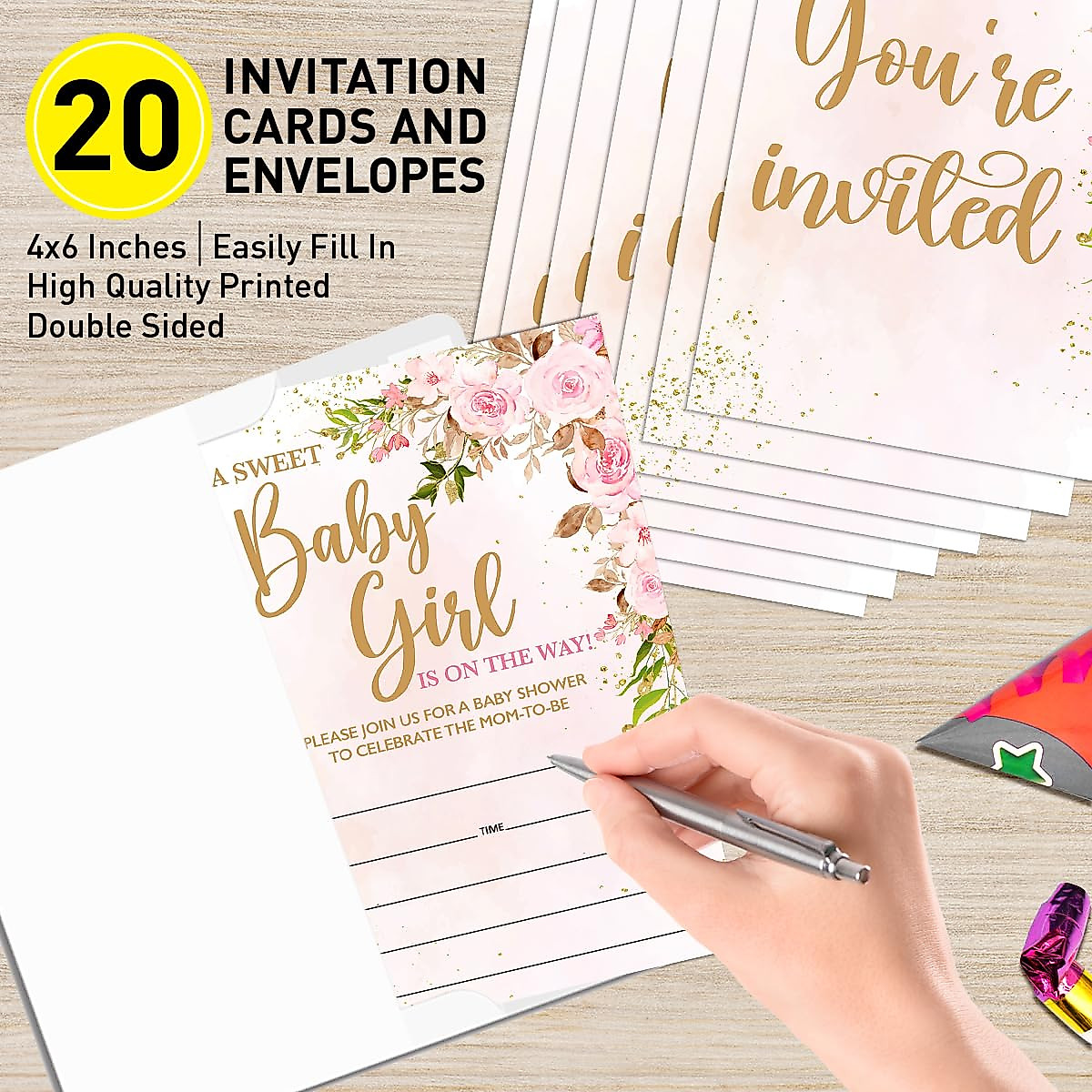 UDNADKEX Baby Shower Invitations for Girl Floral with Envelopes, Invites for Baby Showers Party Blush Pink Watercolor Flowers, Sweet Girl Baby Shower Invite Cards, 4"x6" Set of 20