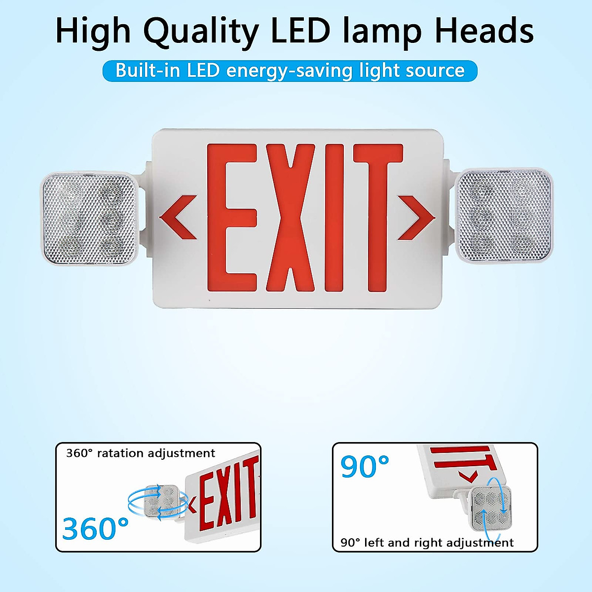 LED Exit Signs with Emergency Lights, Red LED Two Adjustable Head Emergency Exit Light with Backup Battery, AC 120V/277V, ABS Fire Resistant, UL Listed (1Pack)