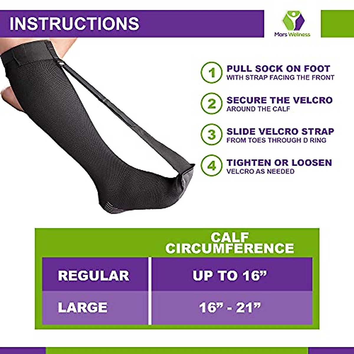 MARS WELLNESS Plantar Fasciitis Brace Stretch Night Sock With Tread - For Pain Relief from Plantar Fasciitis and Achilles Tendonitis - Foot Splint Support - Black - Large