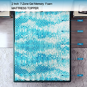 Askme 2 Inch 7-Zone Queen Memory Foam Mattress Topper, Cooling Gel Foam Mattress Topper for Pressure Relief,Bed Topper in a Box CertiPUR-US Certified, Queen Size