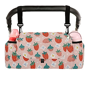 Pink Strawberries Flowers Stroller Organizer with Cup Holder Universal Stroller Organizer Bag Detachable Shoulder Strap Stroller Accessories for Diaper Snacks Toys Keys Fit All Baby Stroller