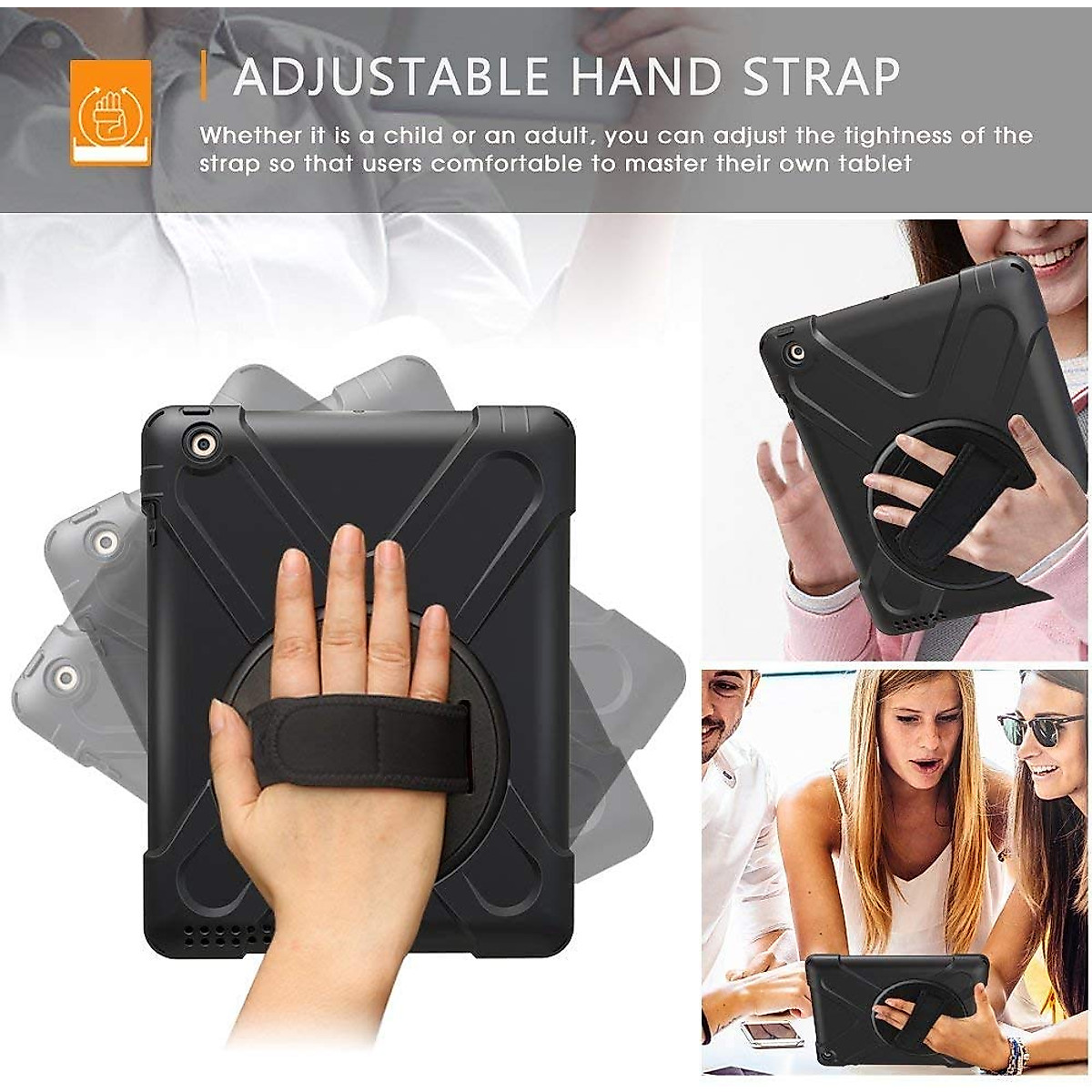 iPad 5th/6th Generation Case 9.7 Inch 2017 2018 for Kids with 360 Rotating Stand+Hand Strap | Military Grade Heavy Duty Rugged Shockproof Case for iPad 6th/5th Gen 9.7" A1893/A1954/A1822/A1823 | Black